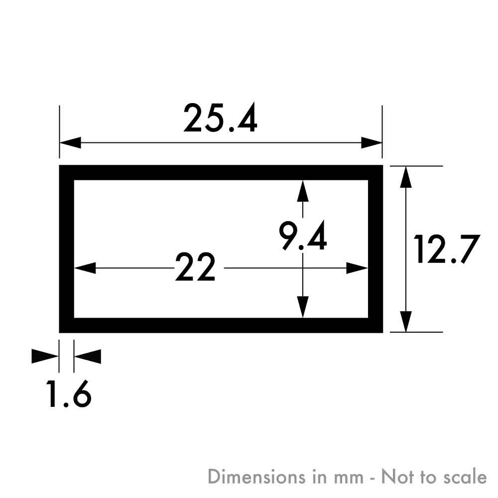 25.4mm x 12.7mm x 1.6mm (1' x 1/2' x 16swg) Aluminium Rectangular Tube