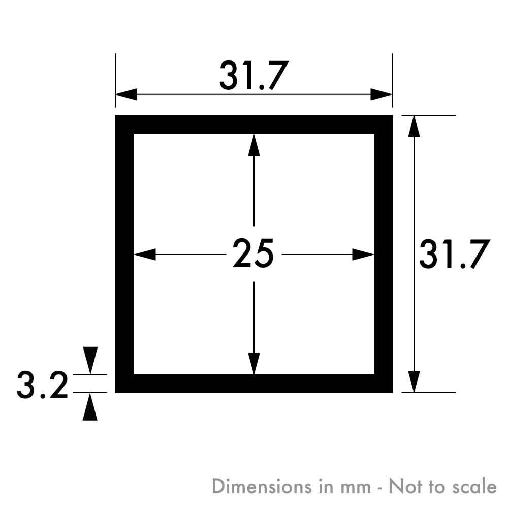 31.7mm x 31.7mm x 3.2mm (1 1/4' x 1 1/4' x 10swg) Aluminium Square Tube