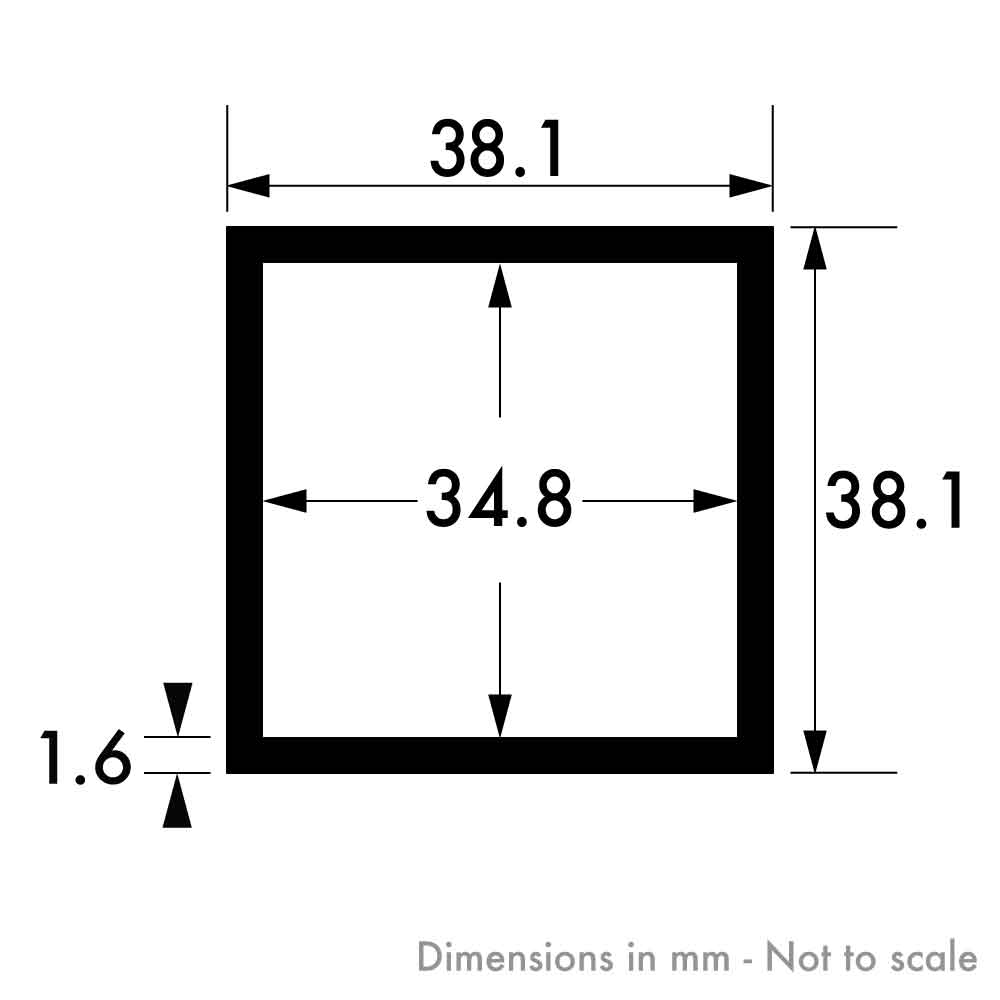 38.1mm x 38.1mm x 1.6mm (1 1/2' x 1 1/2' x 16swg) Aluminium Square Tube