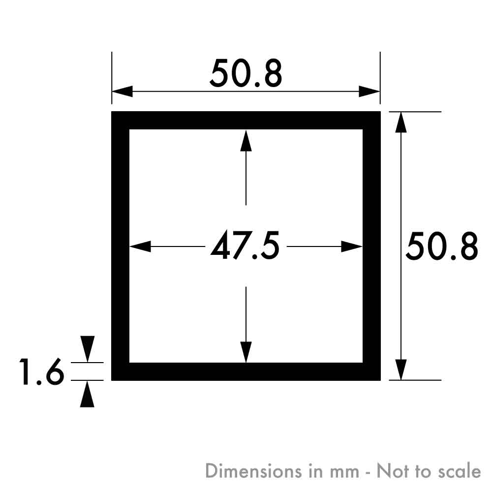 50.8mm x 50.8mm x 1.6mm (2' x 2' x 16swg) Aluminium Square Tube